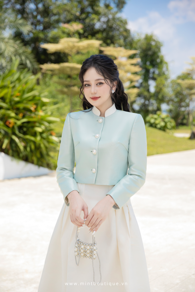 Áo tafta xanh mint cổ tàu taffa kem - Mint Boutique